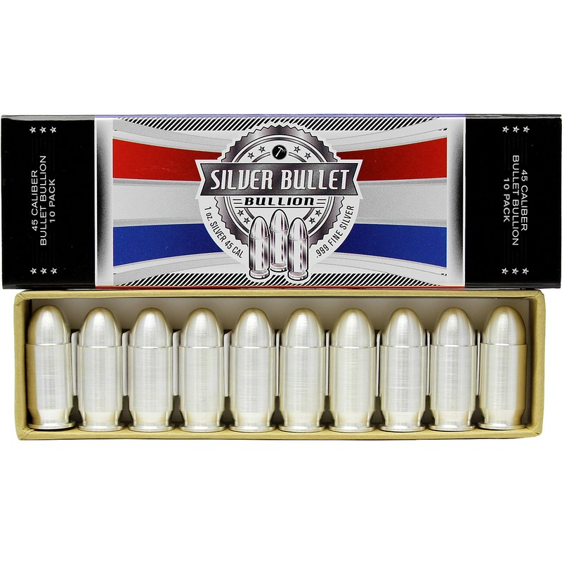 10 Pack 45 Caliber Silver Bullet Replica 1oz 999 Fine Silver | SilverTowne